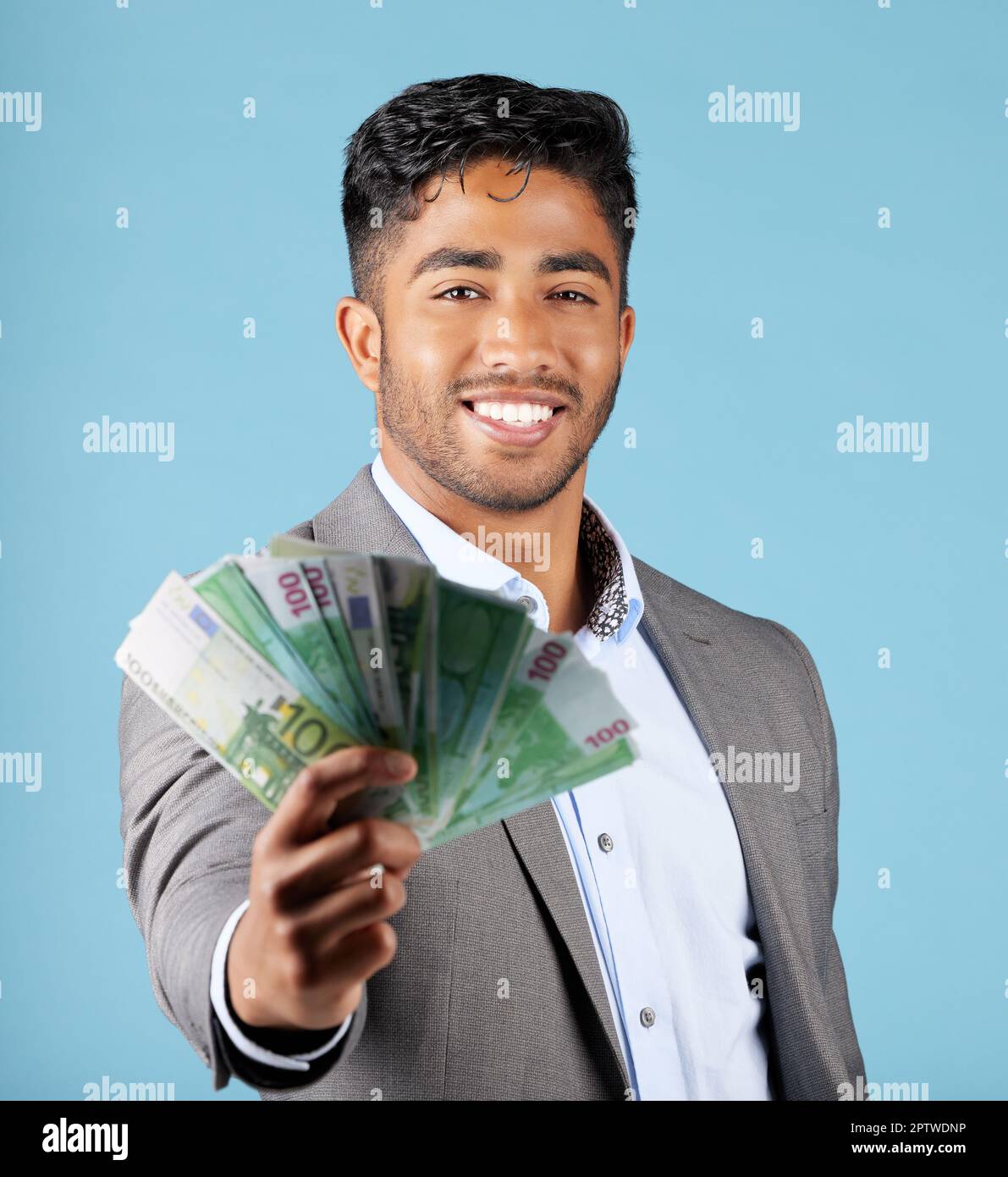 Businessman, money and rich with cash, income and happy with profit ...