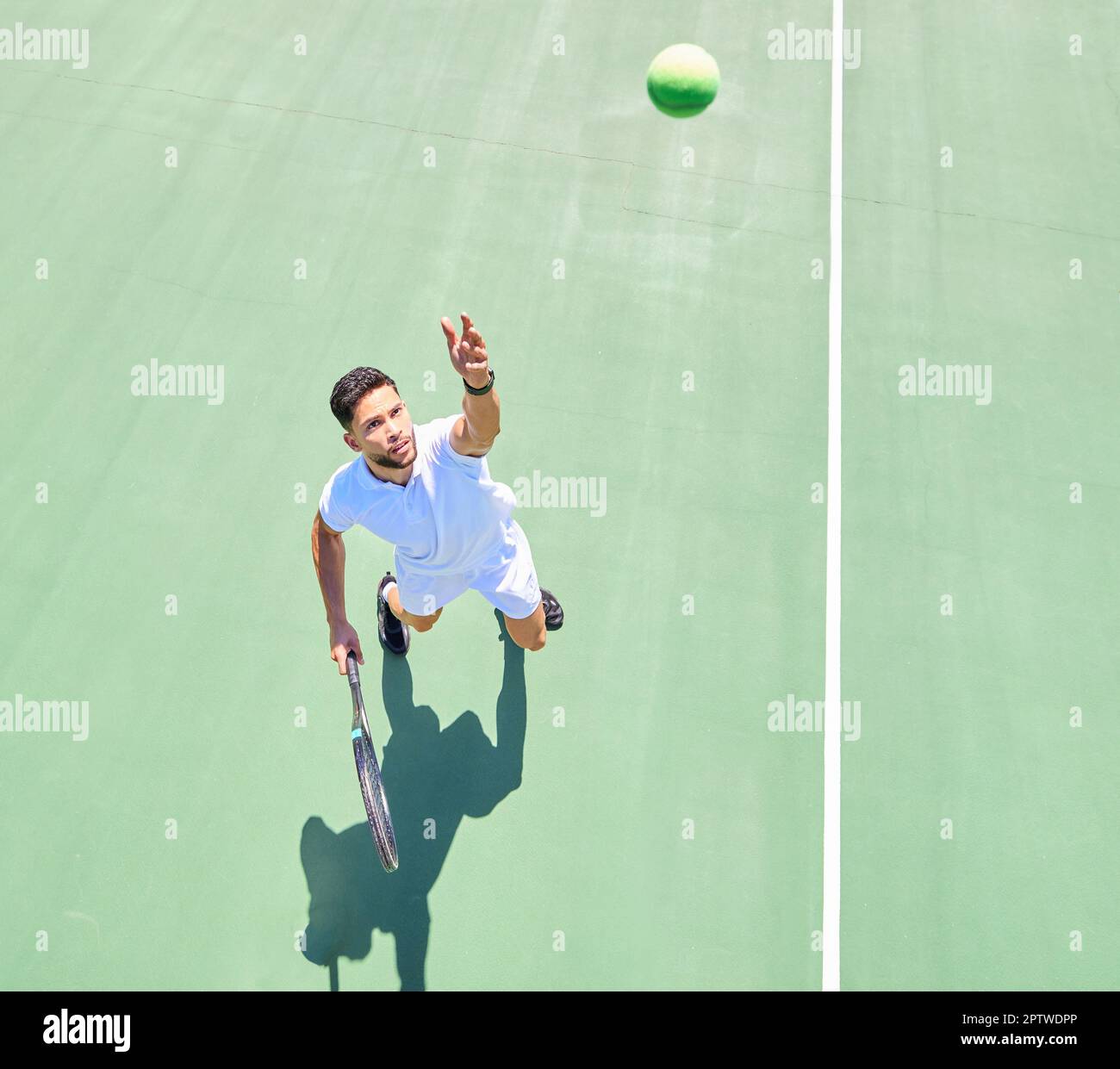 Start, above and man playing tennis on court for fitness, workout and ...