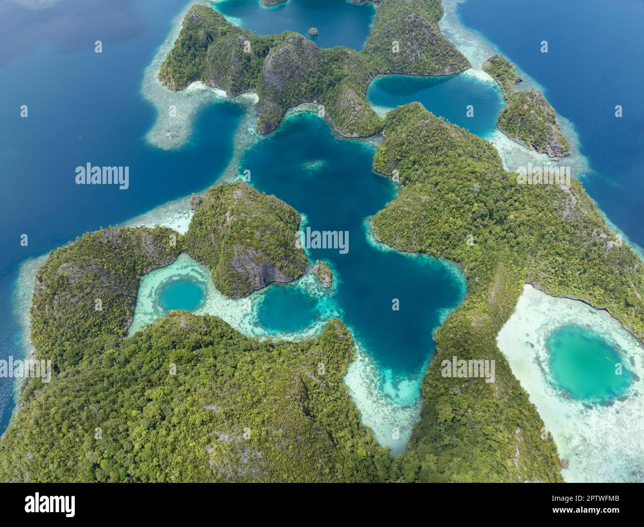 Beautiful coral reefs surround the dramatic limestone islands that rise ...