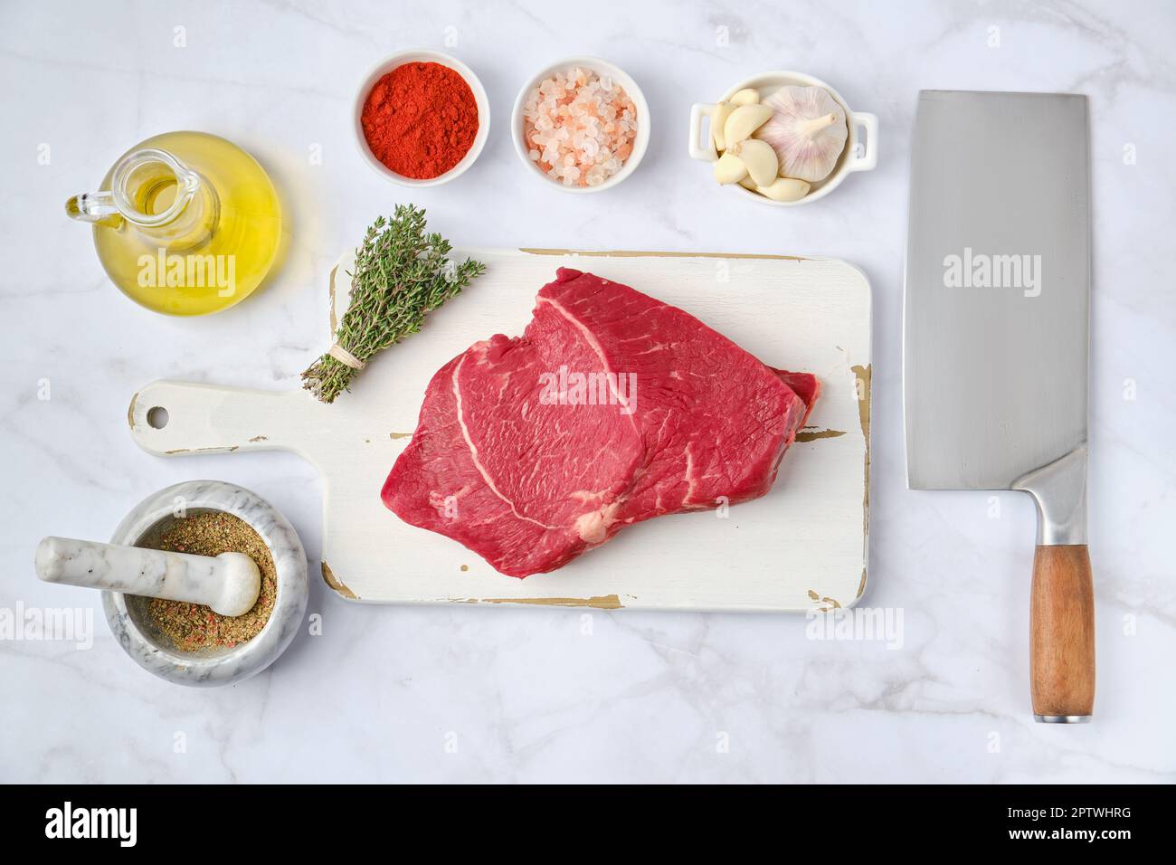 Top view of raw top side beef steak with spice ready for cooking Stock ...