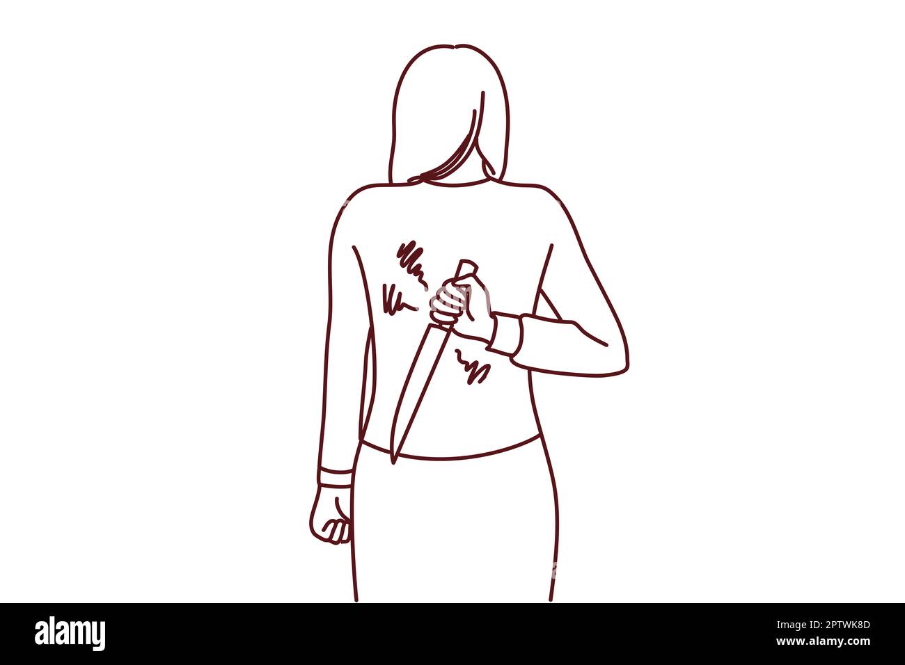 Woman hiding knife behind back ready to betray or attack. Businesswoman ...