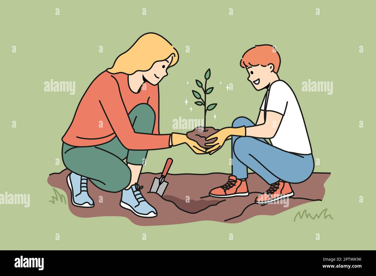 Caring young mother and son planting tree together. Smiling mom and ...