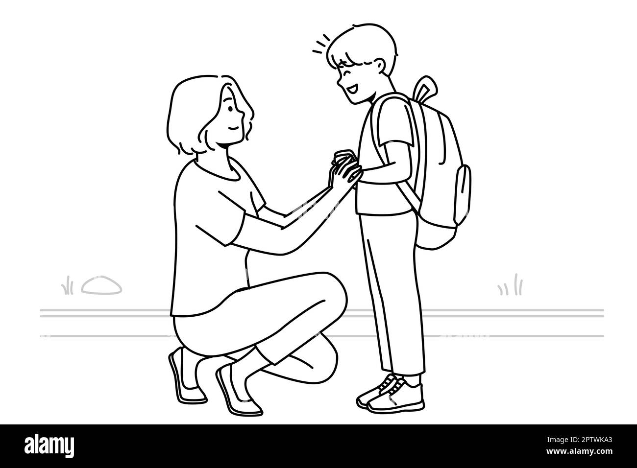 Smiling mother seeing small teen son with backpack to school. Happy ...