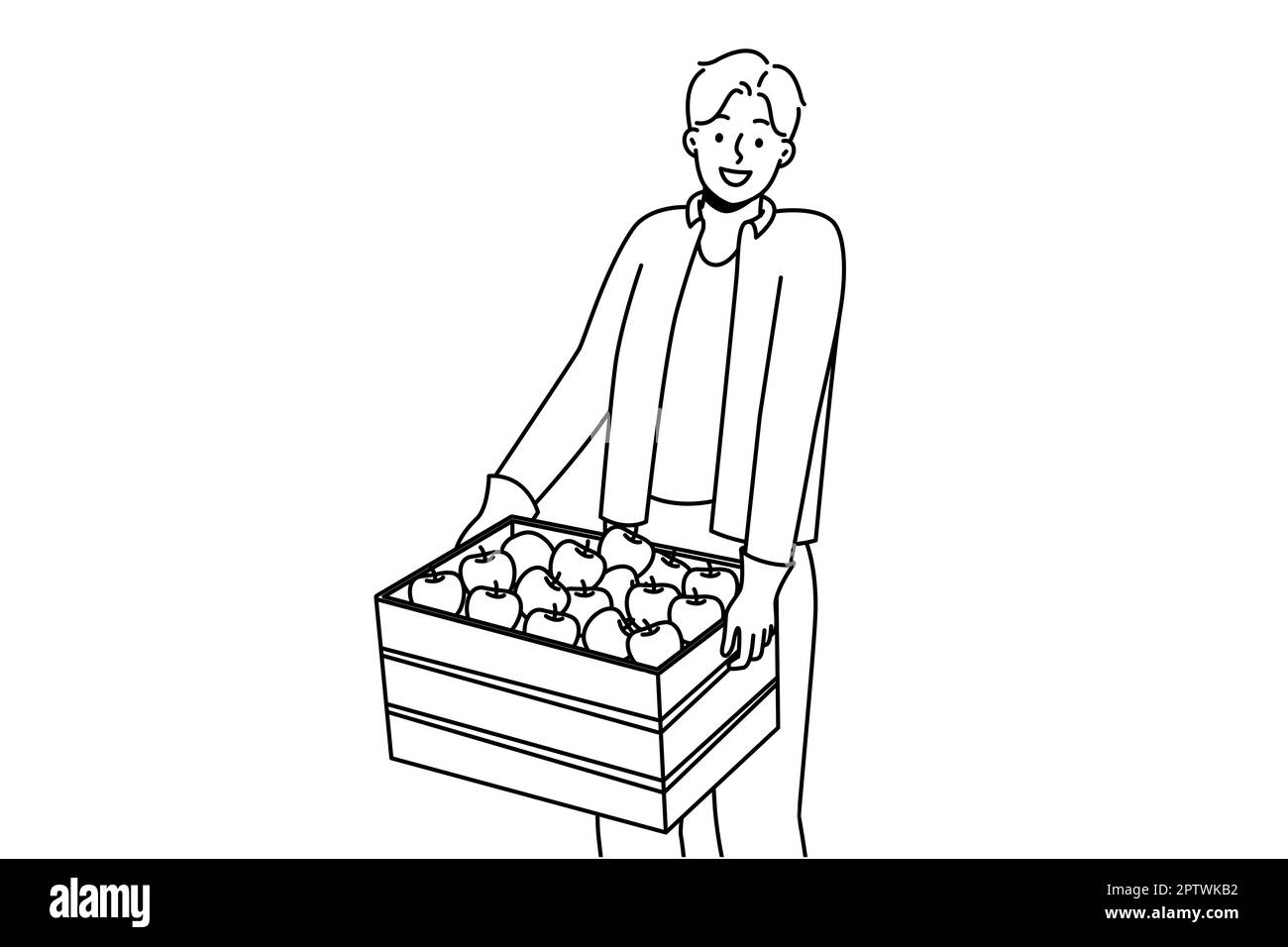 Smiling man with wooden box of apples. Happy guy farmer carry package ...