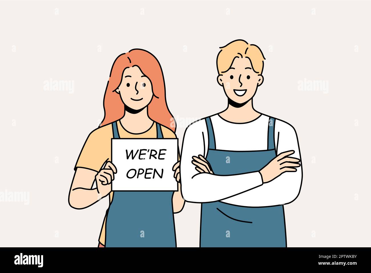Smiling waiters in aprons hold open sign. Happy man and woman cafe ...