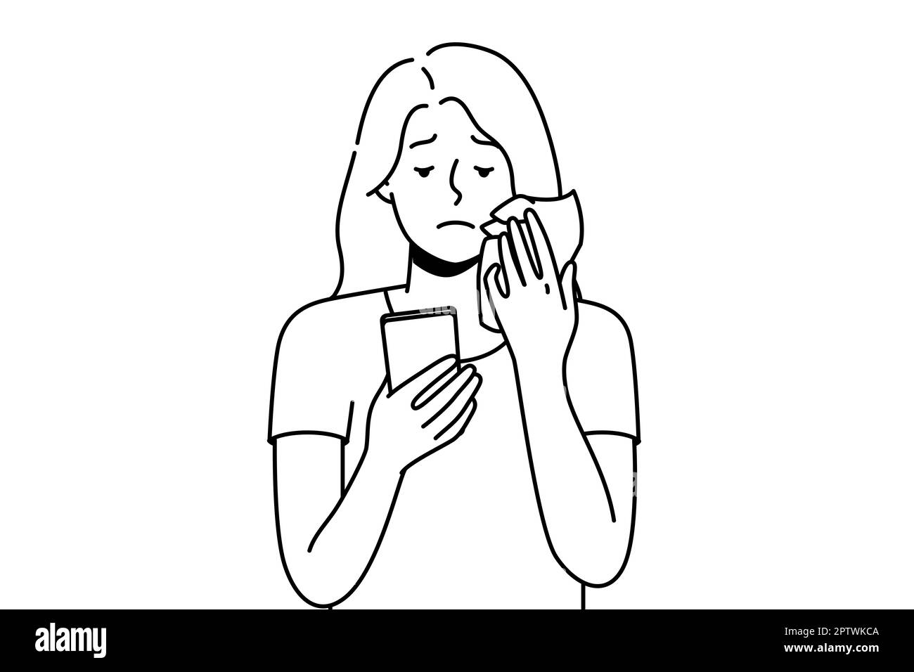 Stressed young woman look at cellphone screen crying. Unhappy girl ...