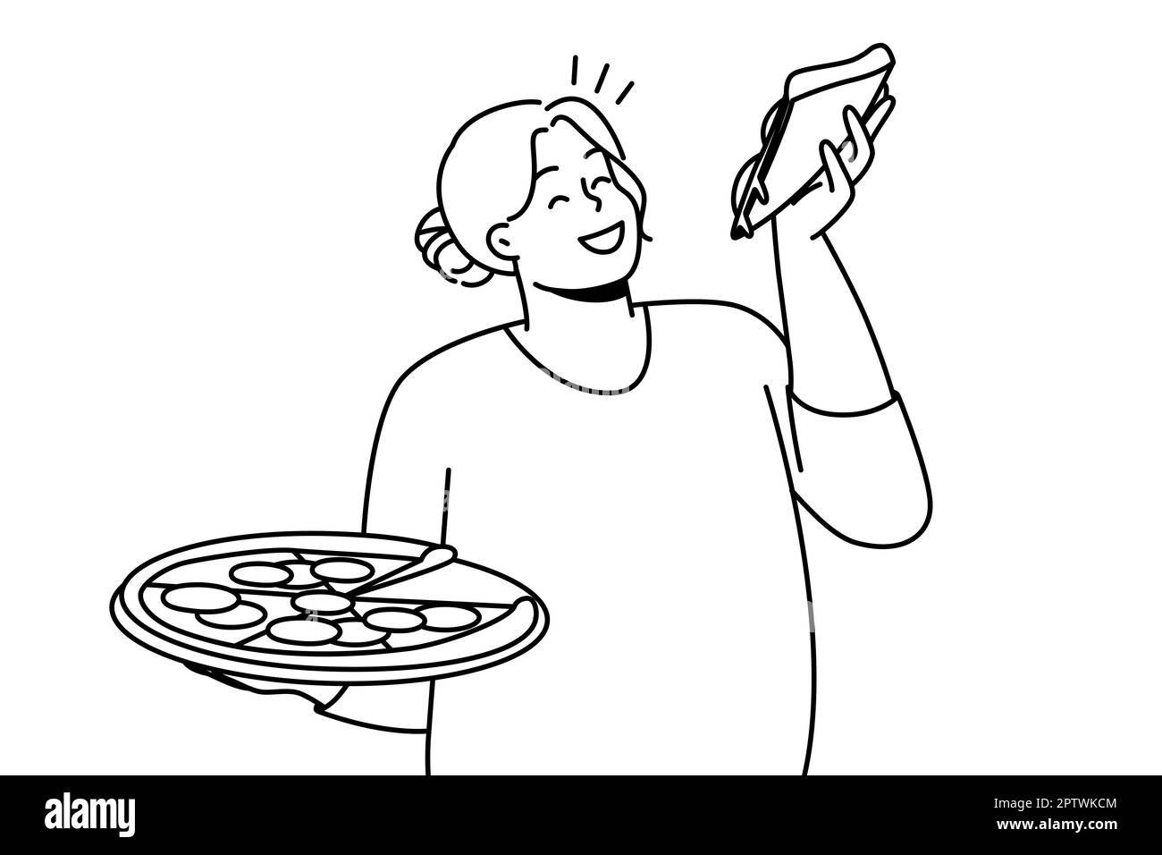 Happy overweight woman with pizza in hands enjoy fast food. Smiling fat ...