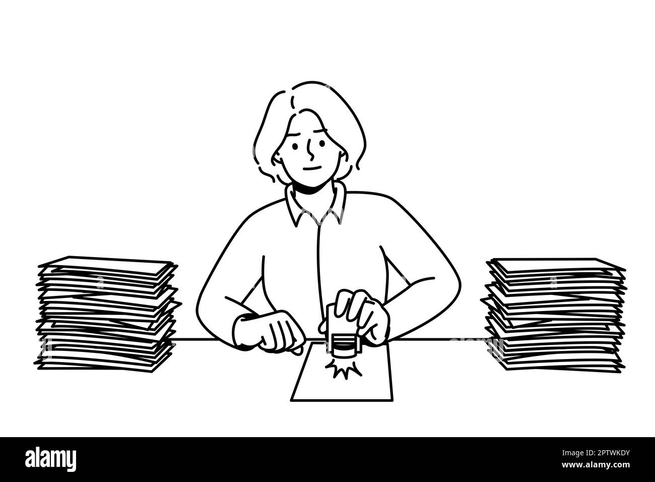 Woman sit at desk stamping documents. Female employee busy with ...