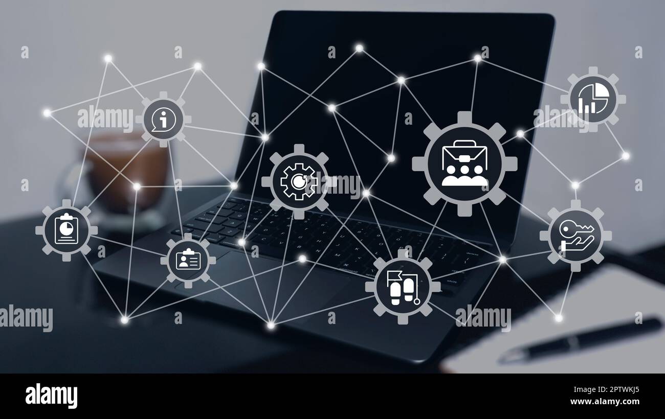 Digitization of business process closeup concept image with white glyph ...