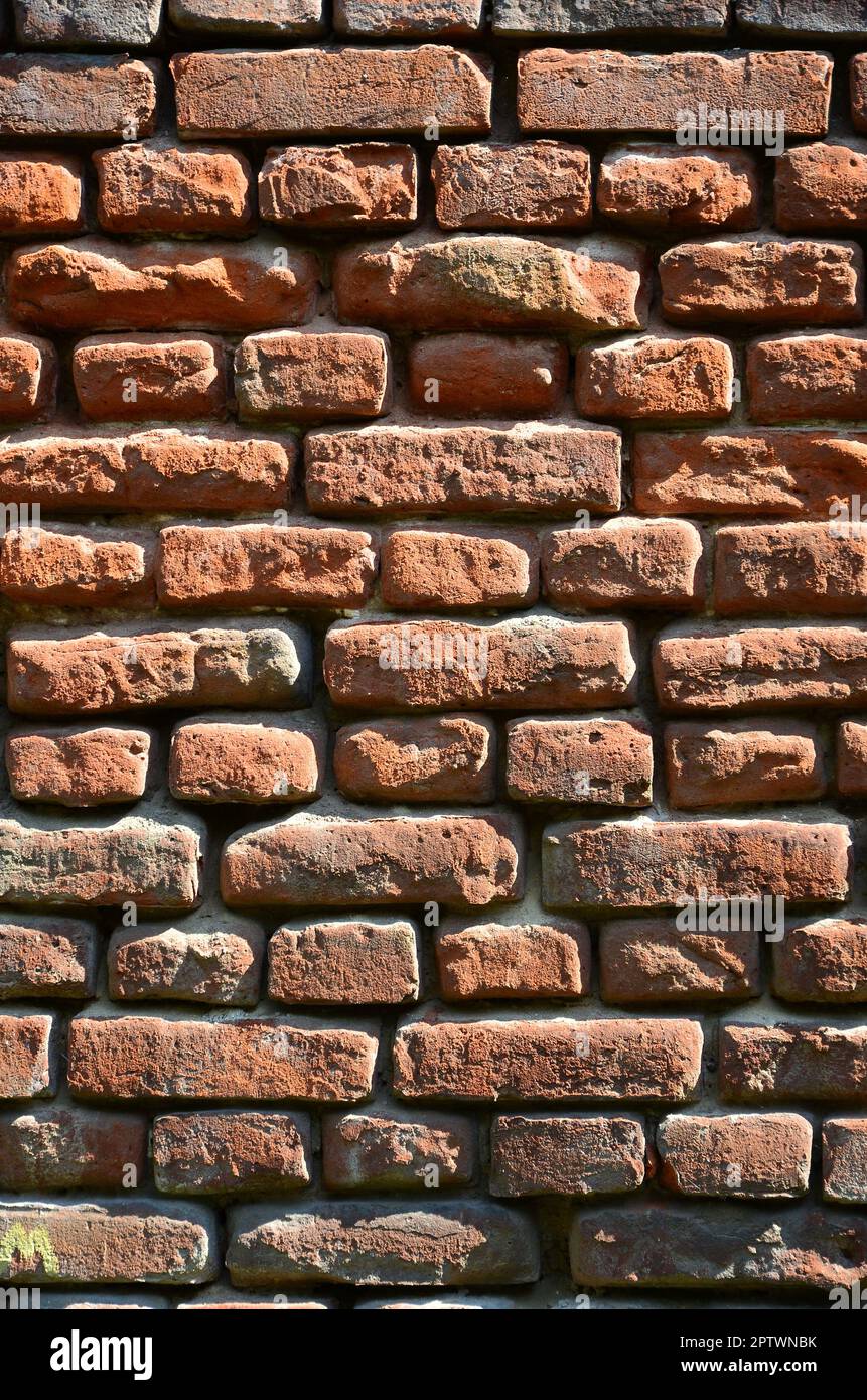 Vertical wall texture of several rows of very old brickwork made of red ...