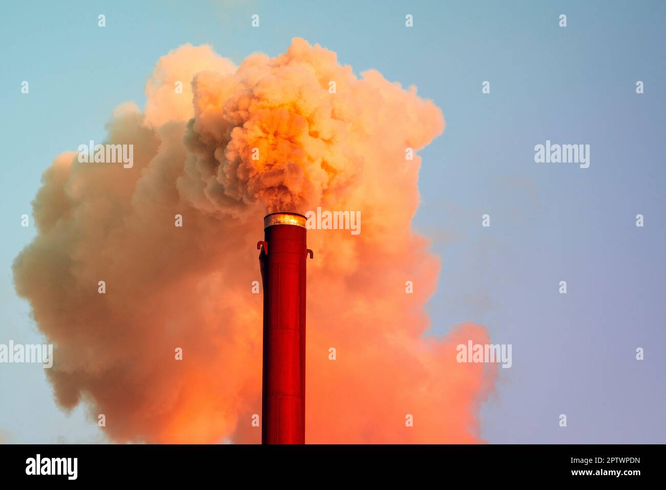 Chemical plant pipe with a toxic orange smoke moving up polluting ...
