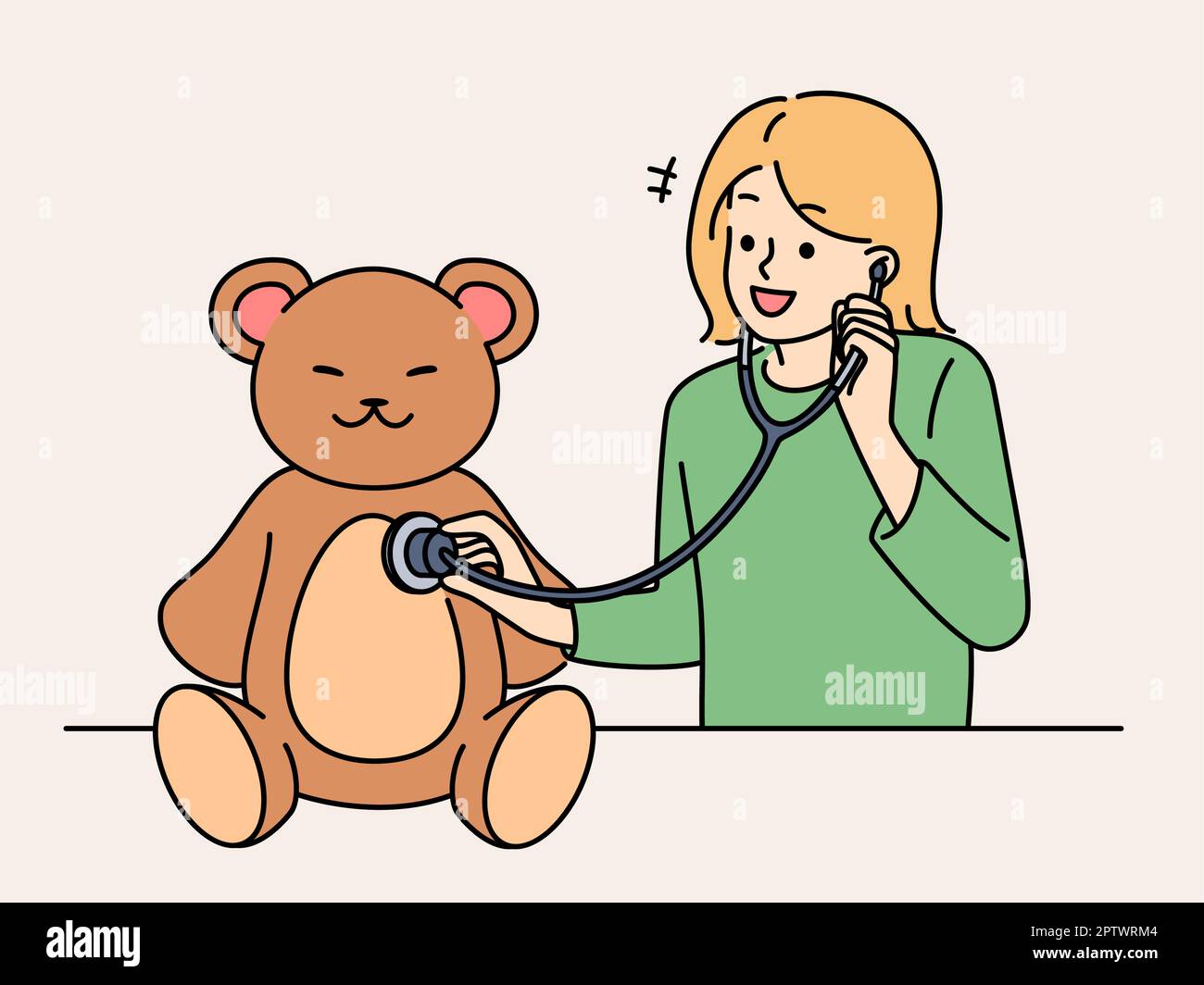 Happy little girl child with stethoscope playing with teddy bear ...