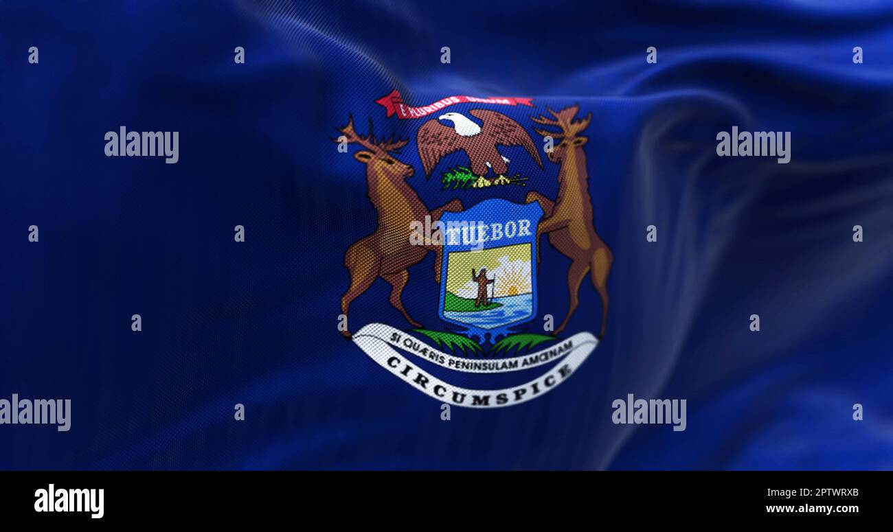 Close up view of the Michigan state flag waving. Michigan Michigan is a ...