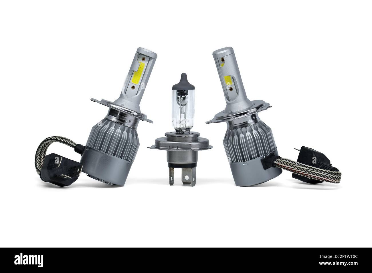 H4 halogen lamp and LED headlight bulbs isolated on white background ...