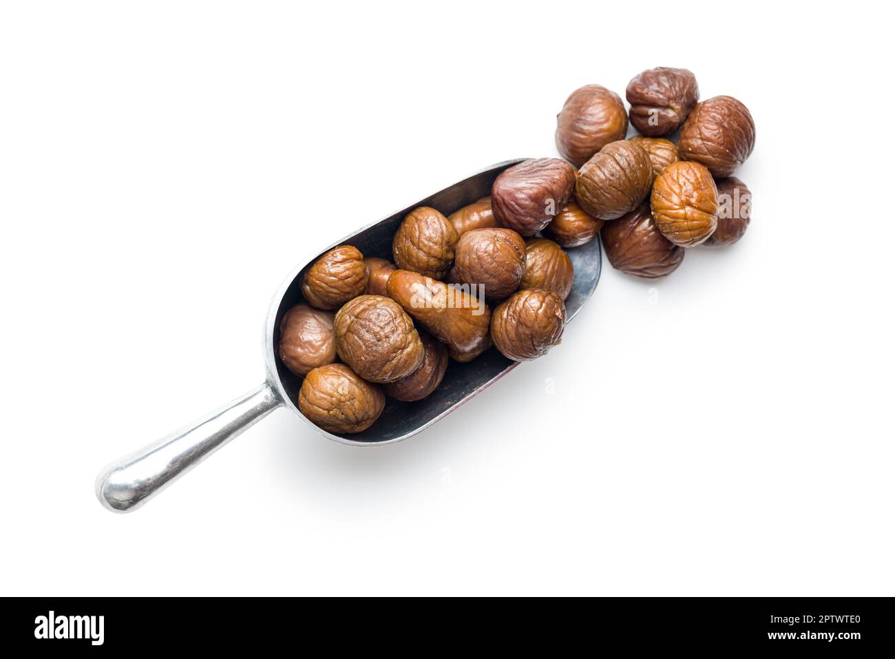 Peeled chestnuts. Sweet roasted chestnuts in scoop isolated on the ...