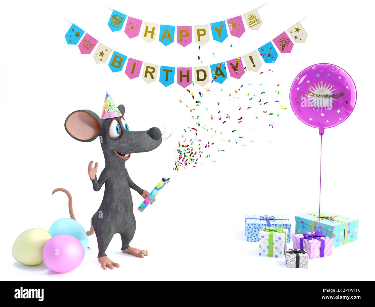 3D rendering of a cute smiling cartoon mouse shooting a party popper or ...