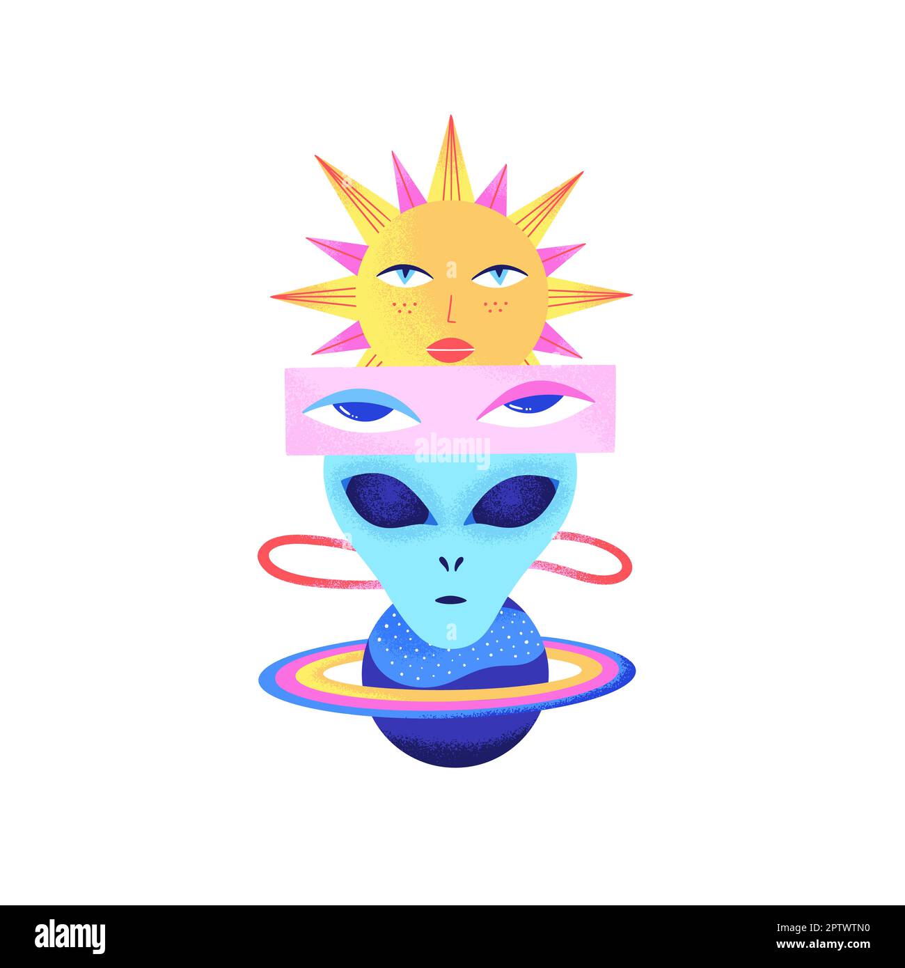 Space psychedelic composition of alien head, planet, sun, woman eyes ...