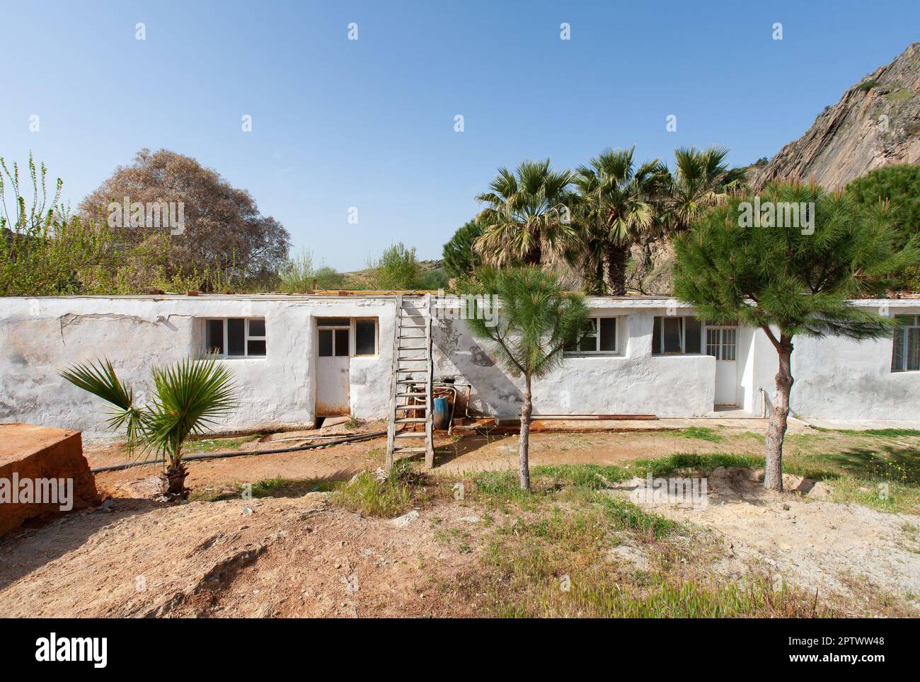 a poor house in a village in the middle of mountains between palm trees ...
