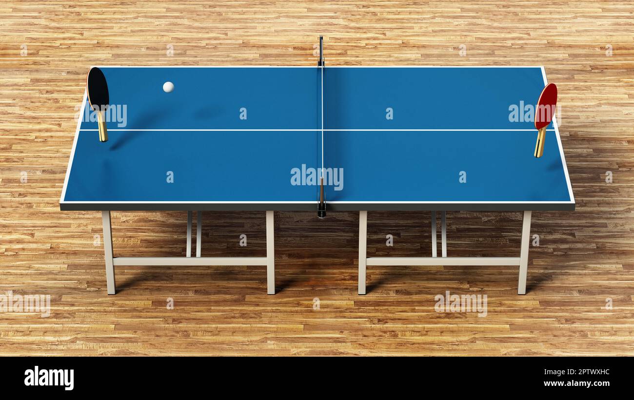 Table tennis table, rackets and ball on parquet floor. 3D illustration ...