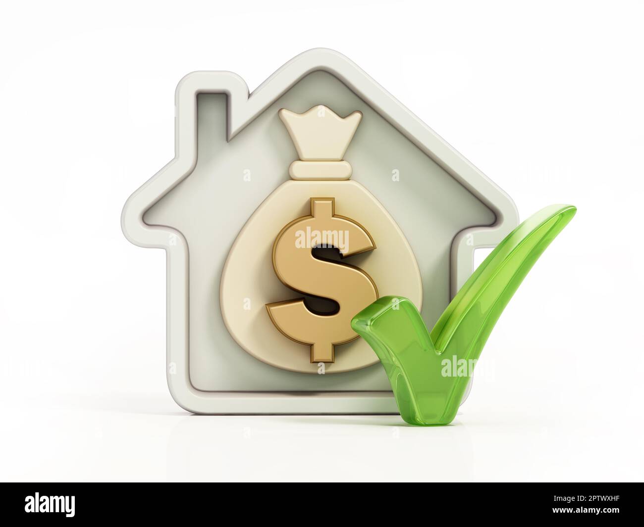 Dollar sign inside house icon and green check mark isolated on white ...
