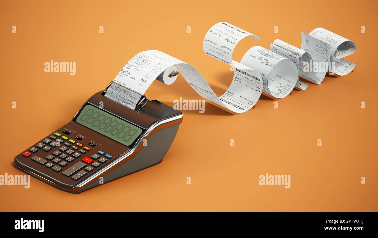 Save word forming from printing calculator receipts. 3D illustration ...