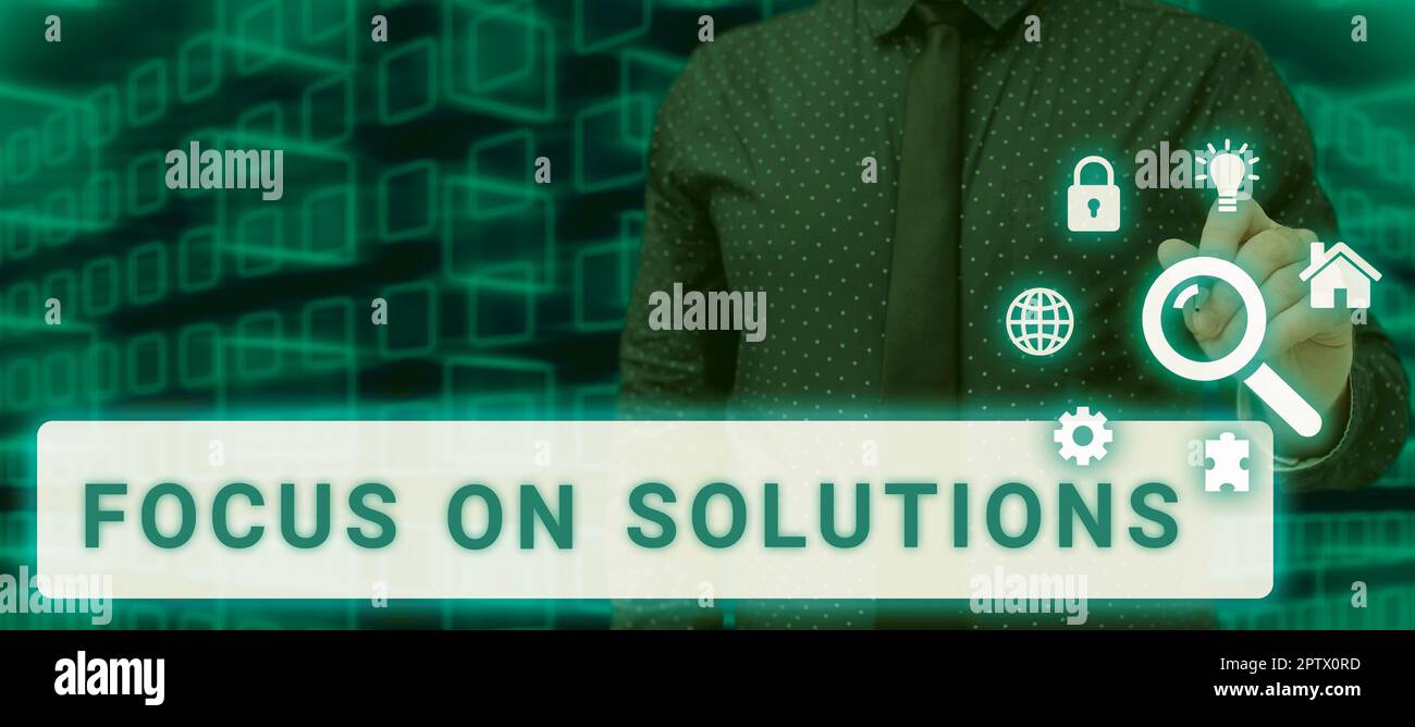 Hand writing sign Focus On Solutions, Word for powerful practical way ...