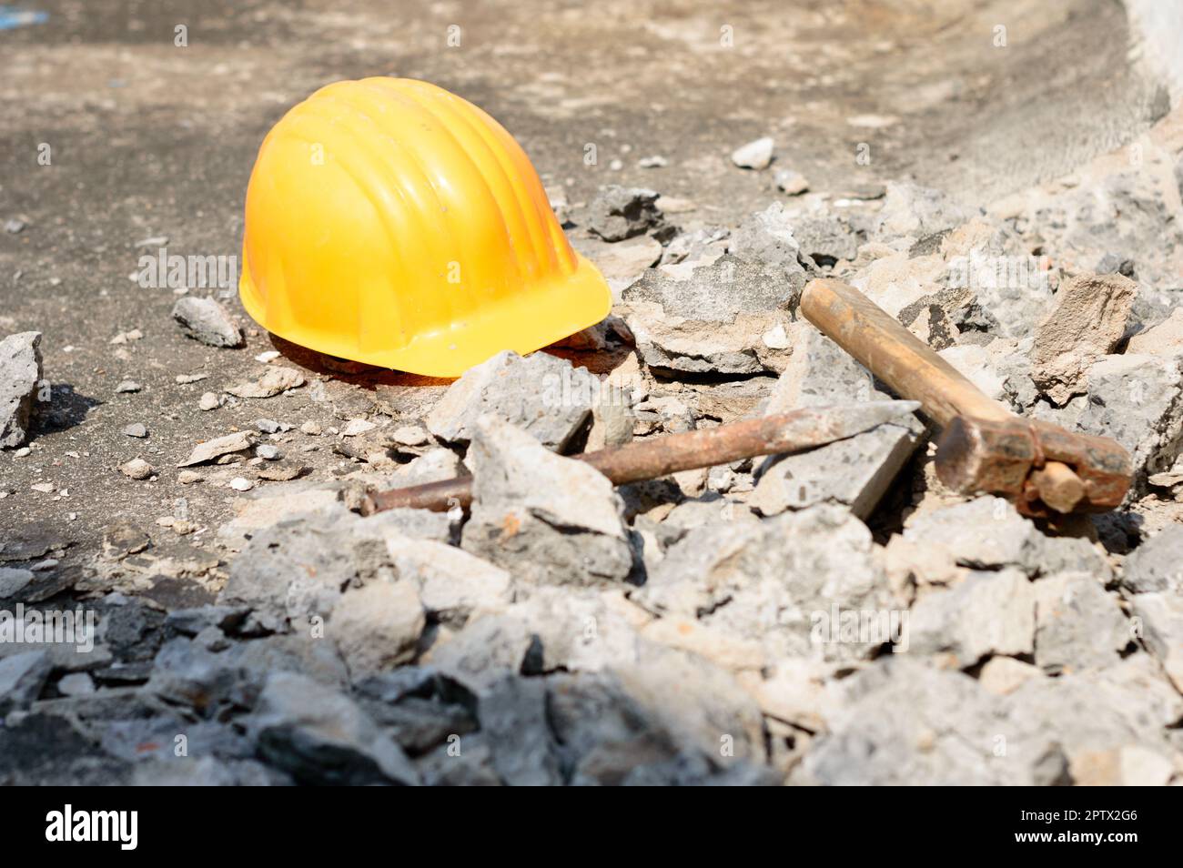 Safety Helmet in Construction Site. Yellow Hat. Safety Precautions ...
