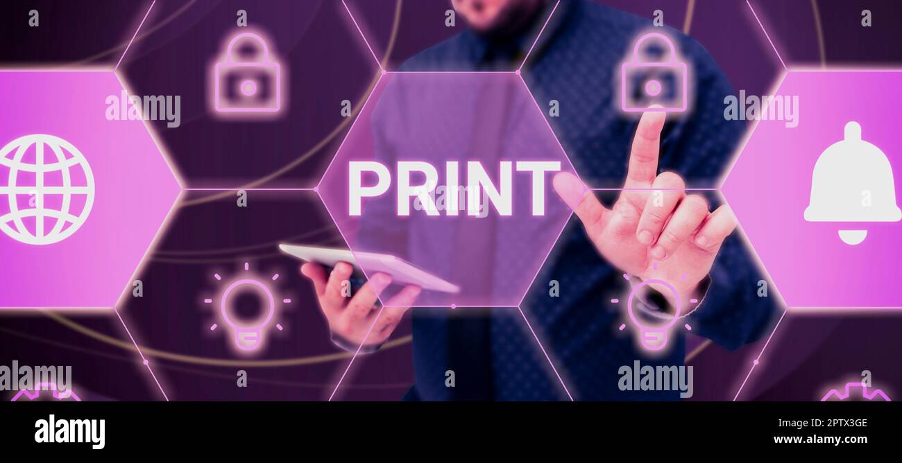 Text caption presenting Print, Conceptual photo involving transfer of ...
