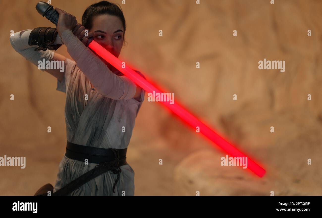 Kyiv, Ukraine - April 14, 2023: Cosplayer girl portrays character Rey ...