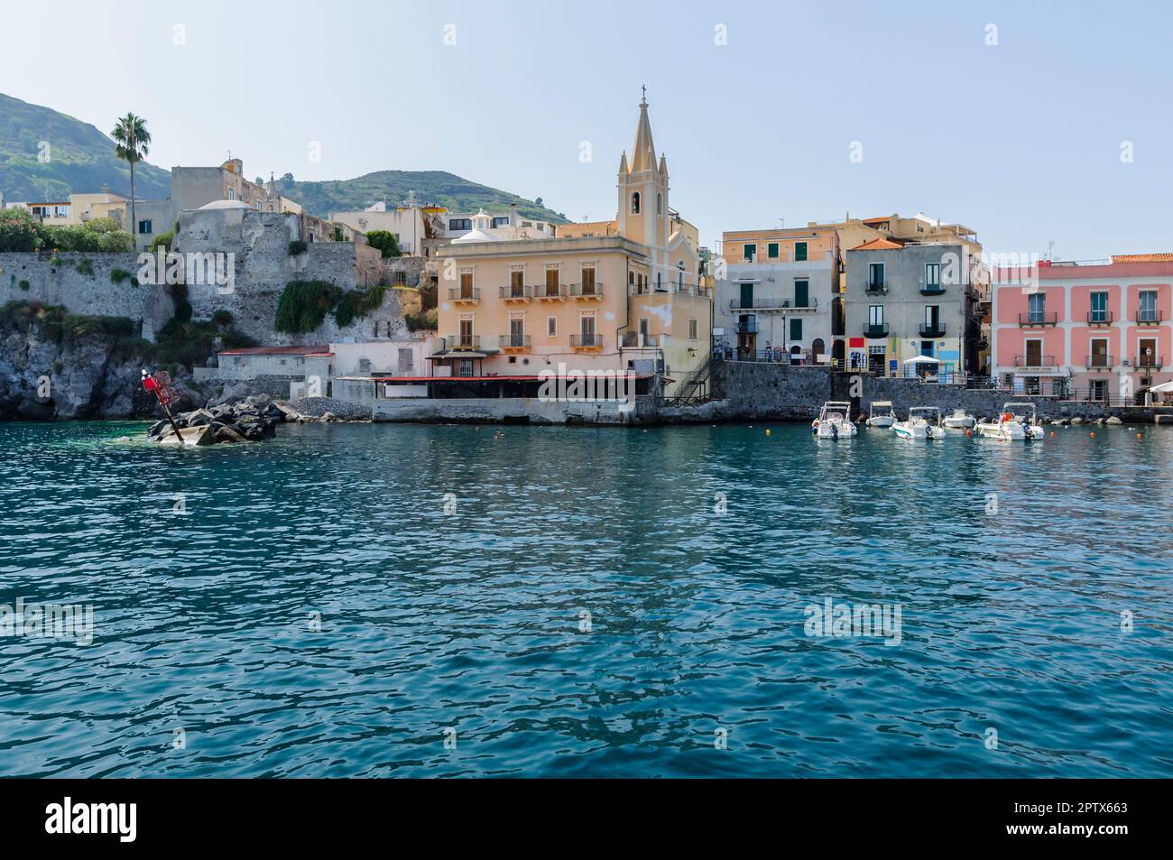 The town of Lipari with the Marina Corta, one of the Aeolian Islands ...