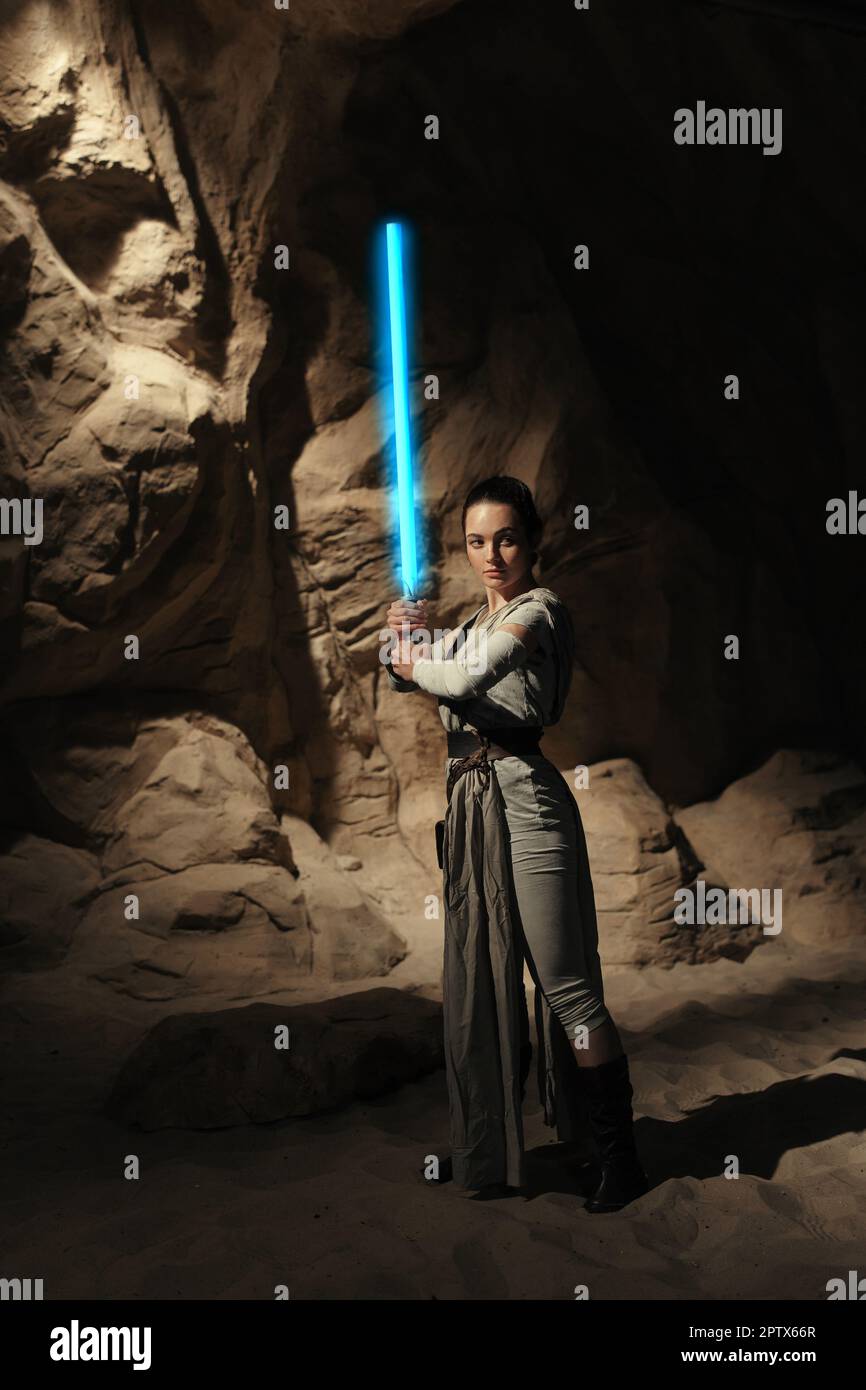 Kyiv, Ukraine - April 14, 2023: Cosplayer girl portrays character Rey ...