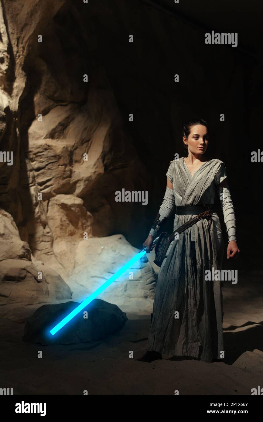 Kyiv, Ukraine - April 14, 2023: Cosplayer girl portrays character Rey ...