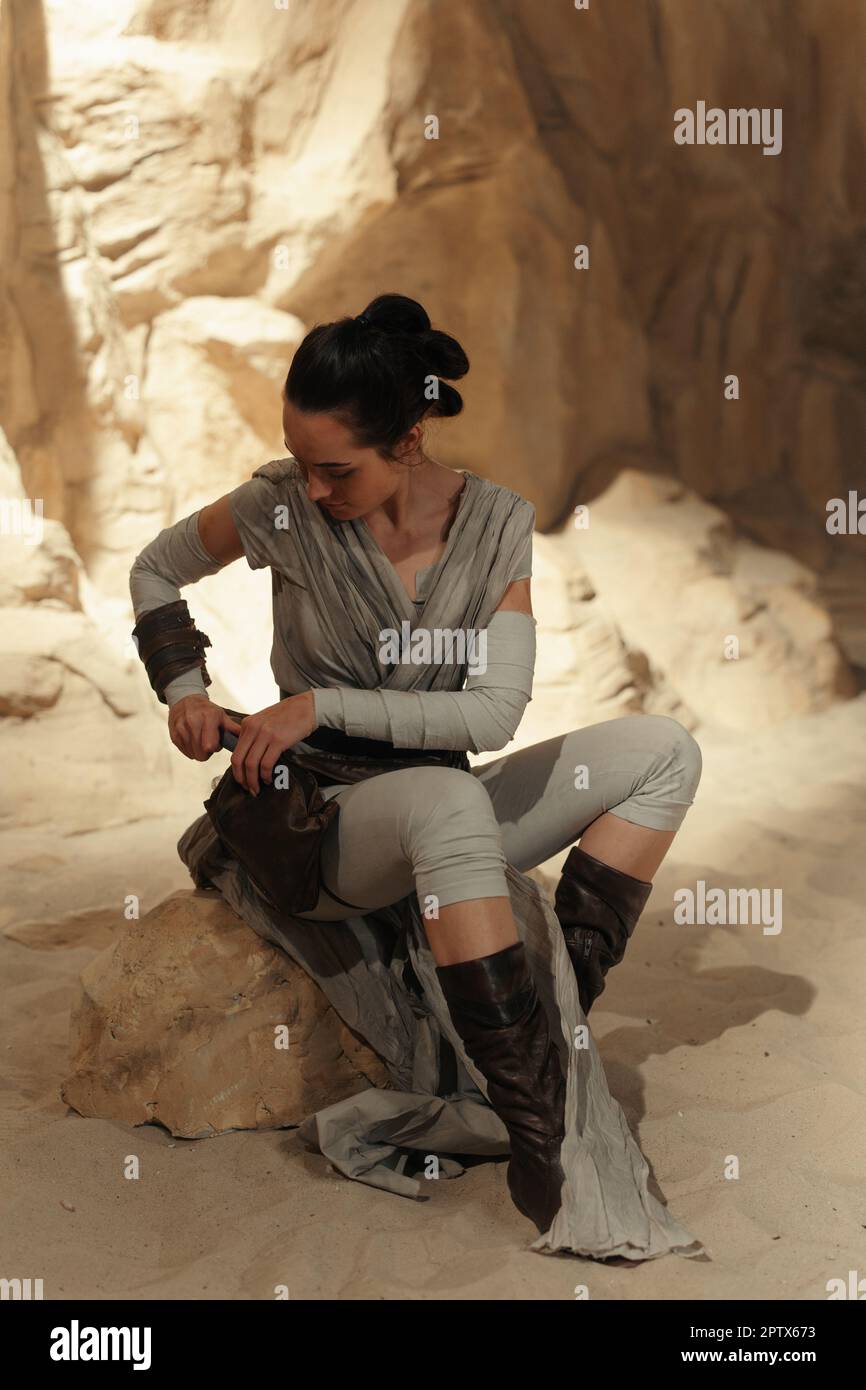 Kyiv, Ukraine - April 14, 2023: Cosplayer girl portrays character Rey ...