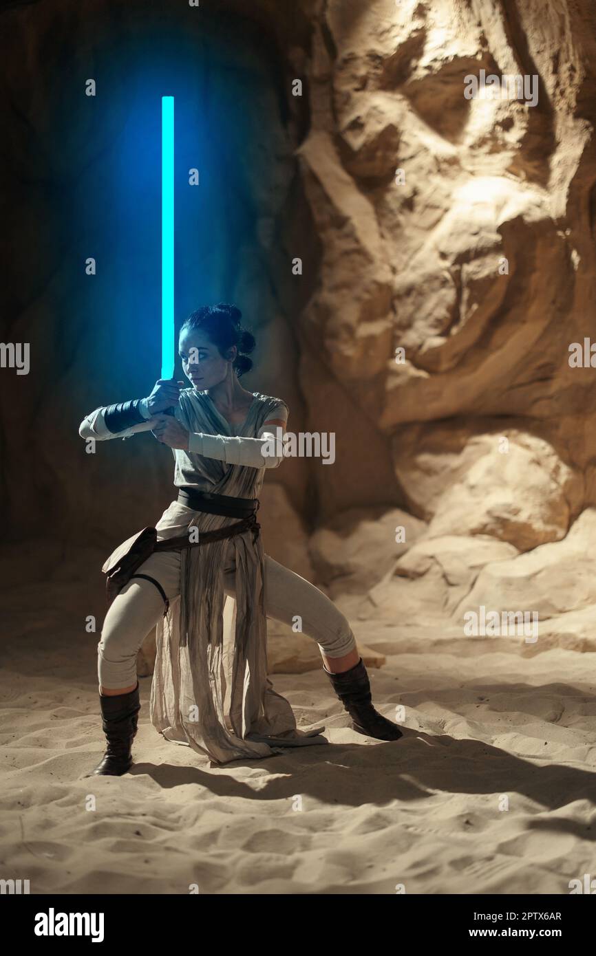 Kyiv, Ukraine - April 14, 2023: Cosplayer girl portrays character Rey ...