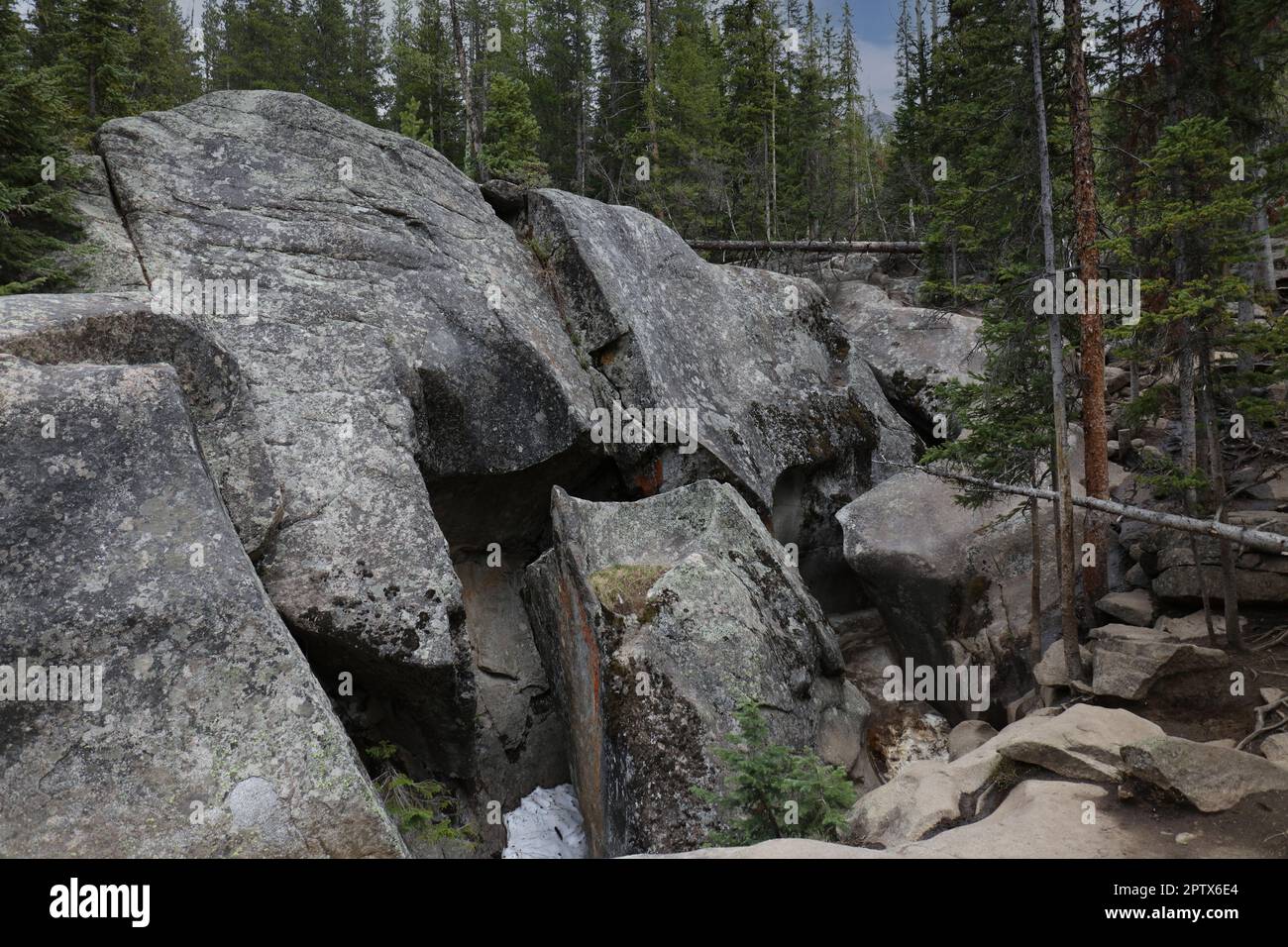 Large granite boulders broken apart by repeated freezing and thawing ...