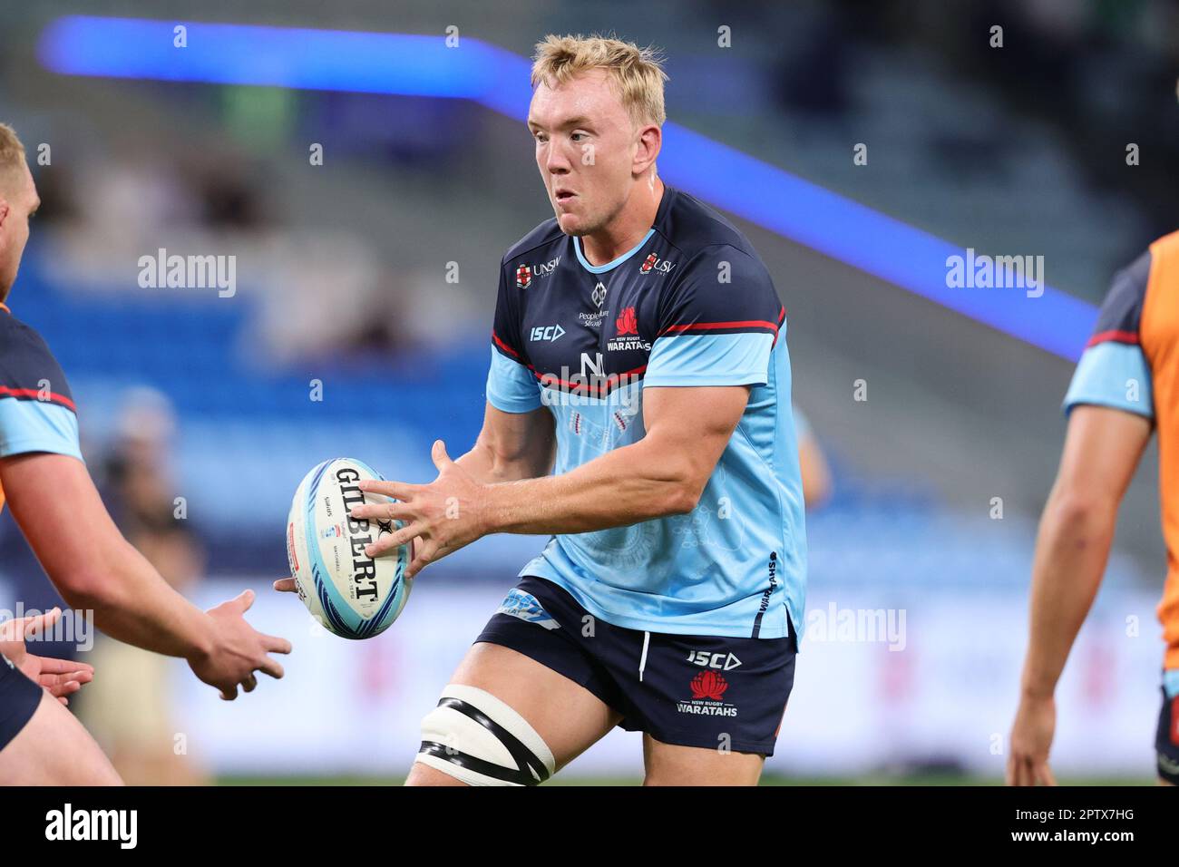 Sydney, Australia, 28 April, 2023. Hugh Sinclair of Waratahs warms up ...