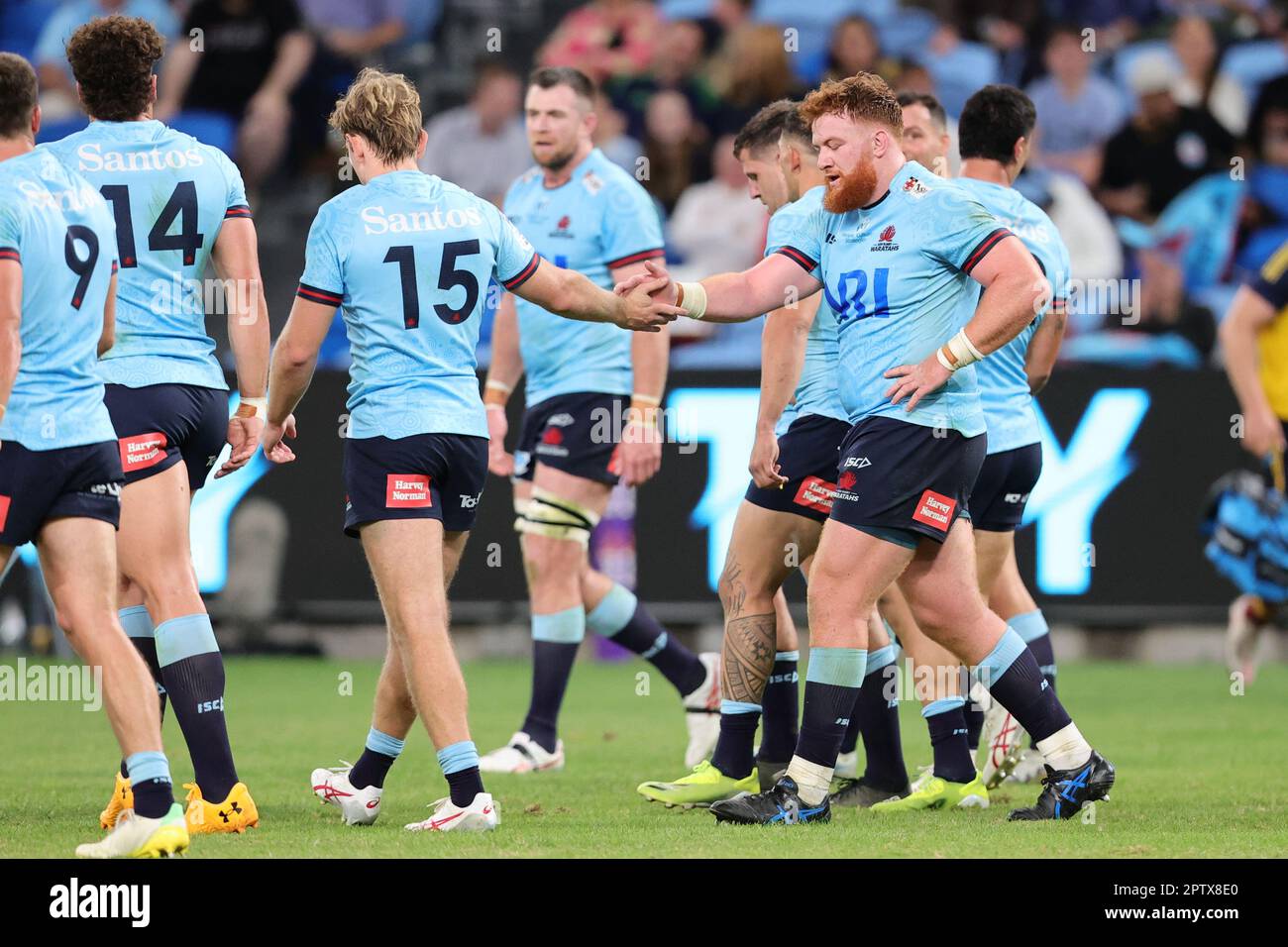 Sydney, Australia, 28 April, 2023. Waratahs celebrate the try of Izaia ...