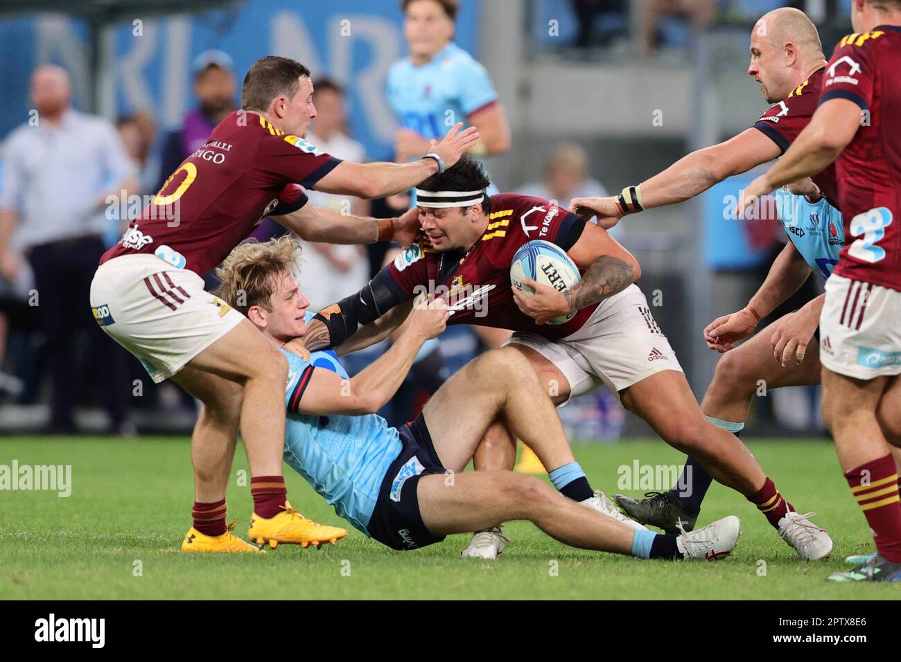 Sydney, Australia, 28 April, 2023. Max Jorgensen of Waratahs tackles ...