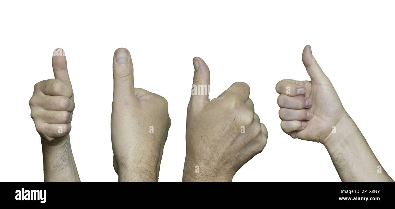 various hands pointing upwards with the thumb finger on a transparent ...