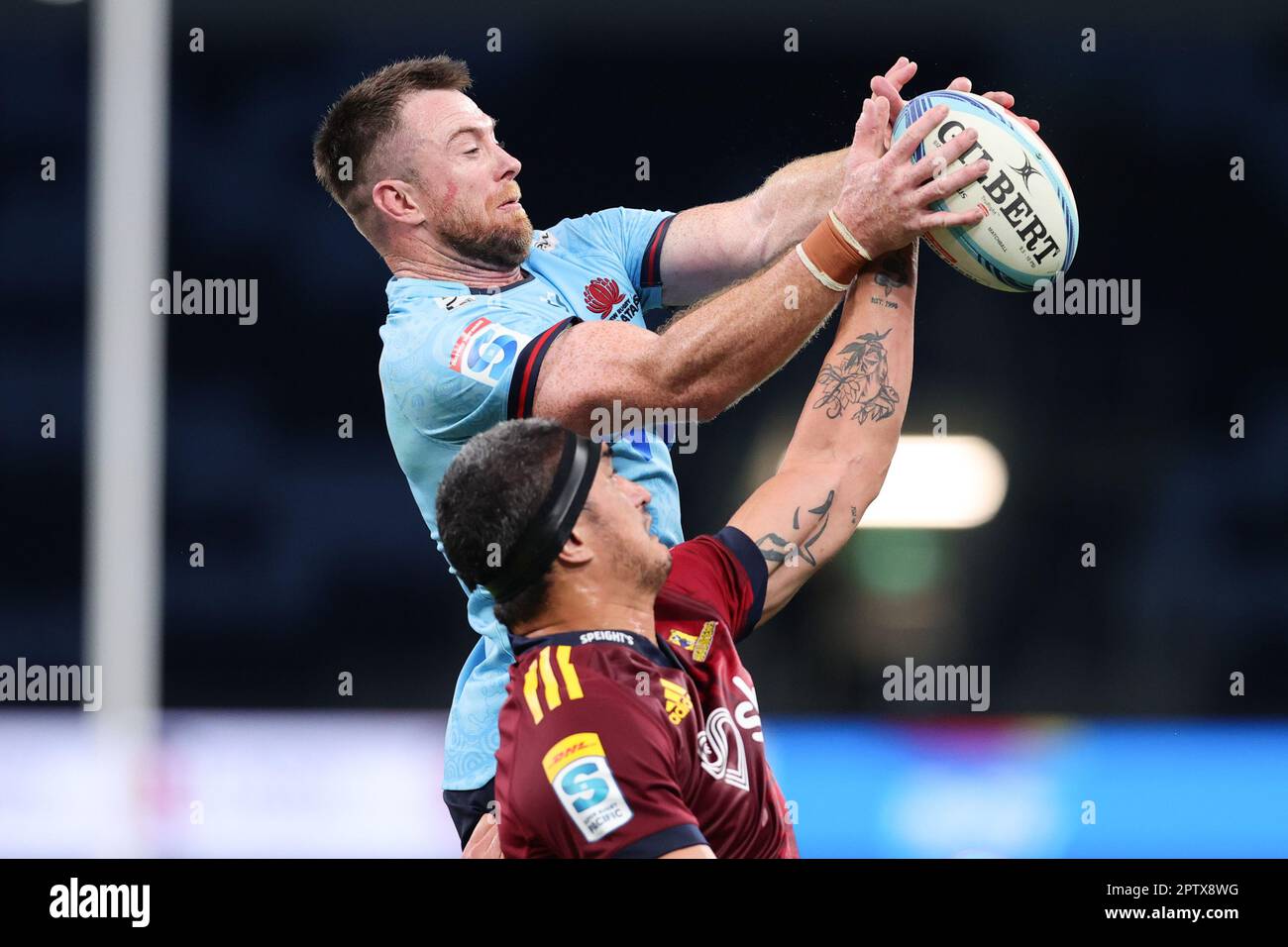Sydney, Australia, 28 April, 2023. Jed Holloway of Waratahs catches the ...