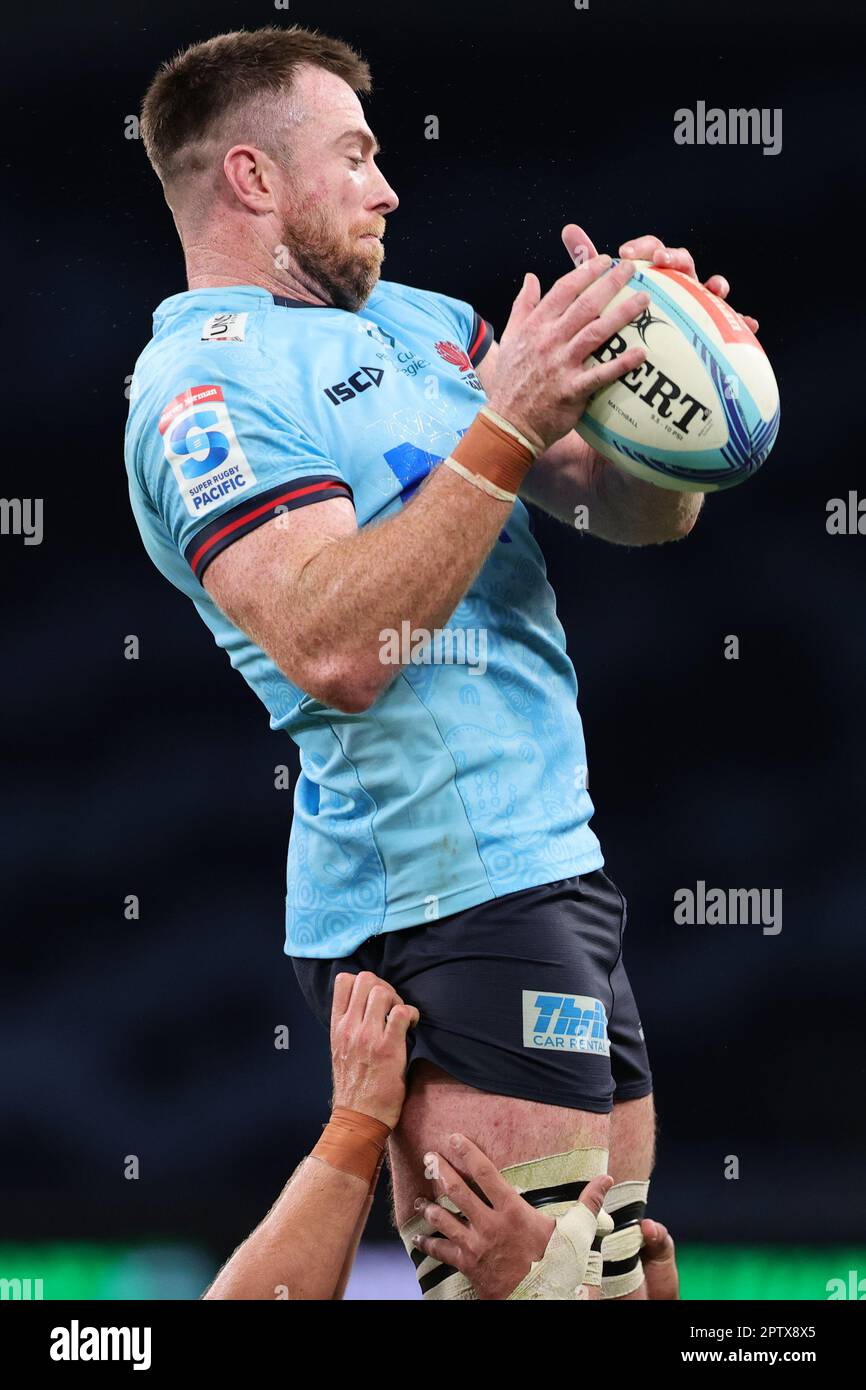 Sydney, Australia, 28 April, 2023. Jed Holloway of Waratahs catches the ...
