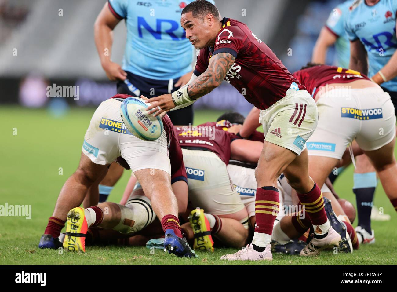 Sydney, Australia, 28 April, 2023. Aaron Smith of Highlanders passes ...
