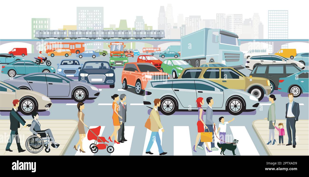 Car on the road junction in traffic jam with pedestrian crossing ...