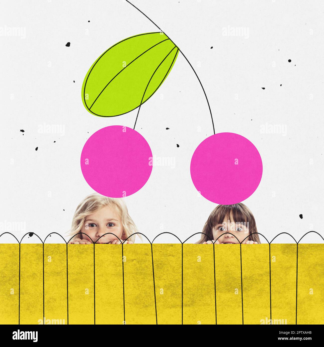 Contemporary art collage with little cute children, boy and girl ...