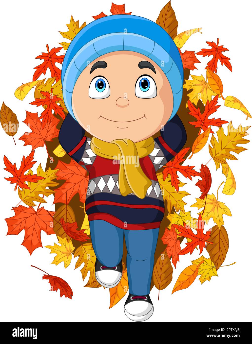 Cartoon little boy with autumn leaves Stock Vector Image & Art - Alamy