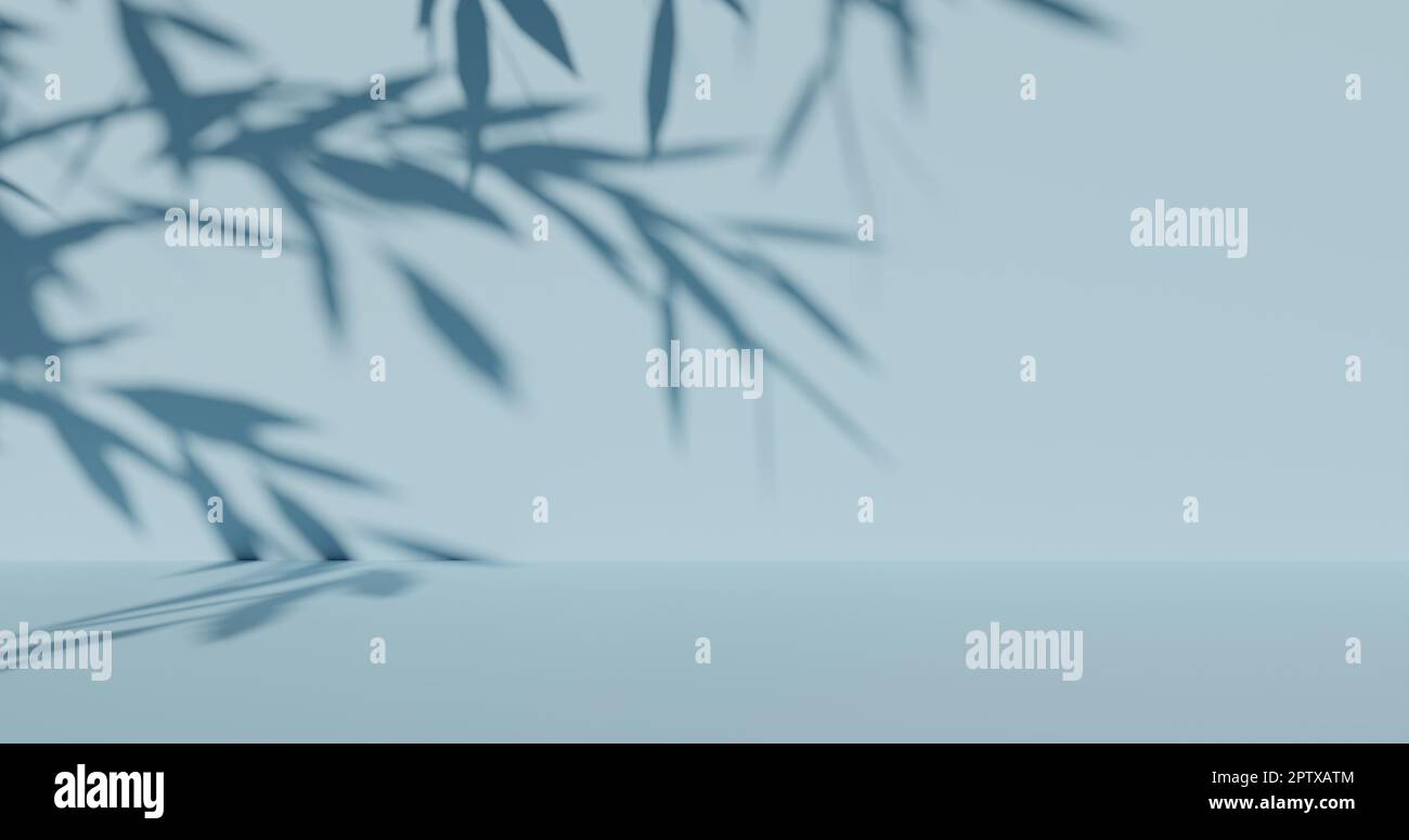 Blurred shadows of foliage silhouettes on a blue wall. 3d rendering ...
