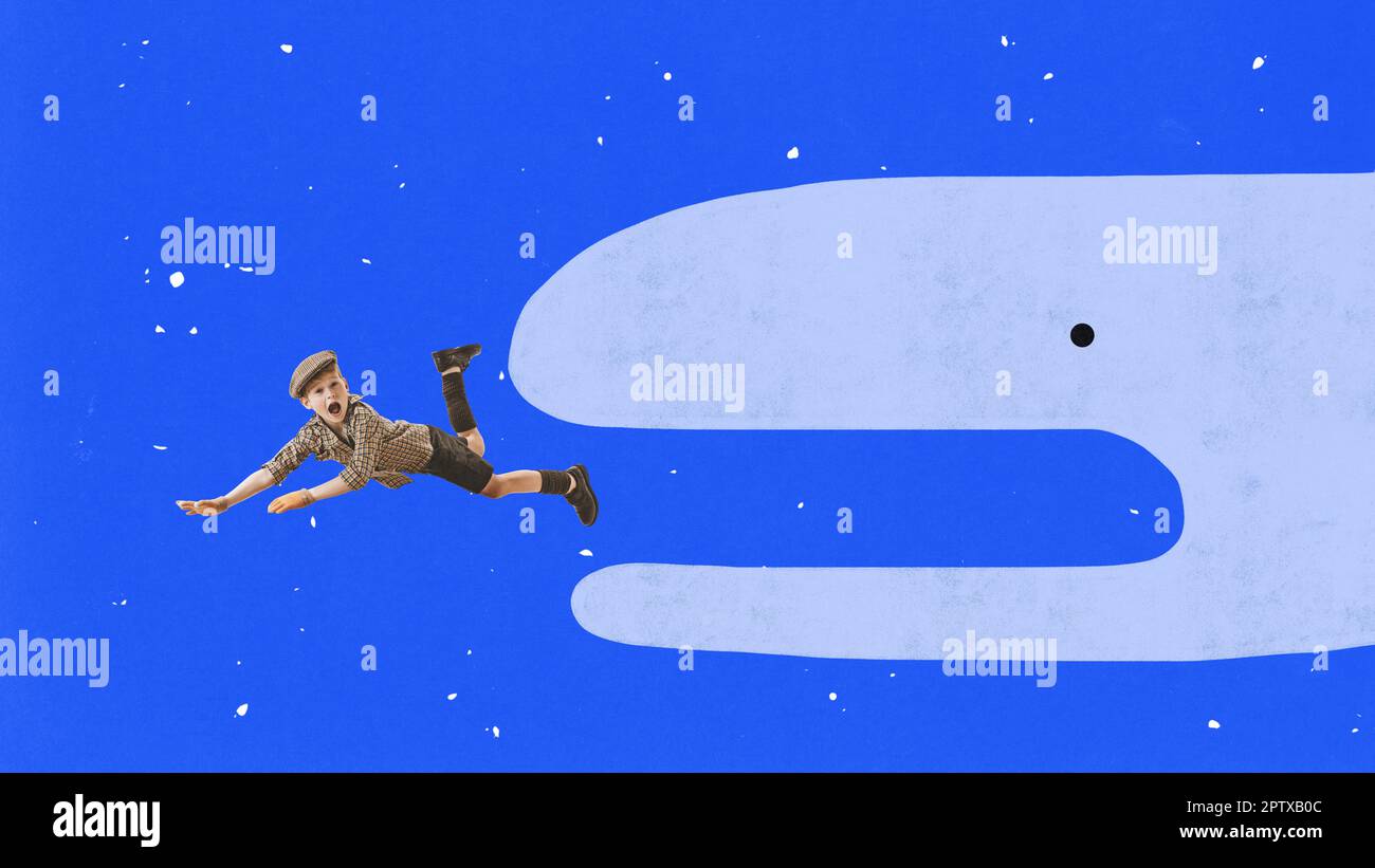 Contemporary art collage with little boy wearing vintage clothes ...