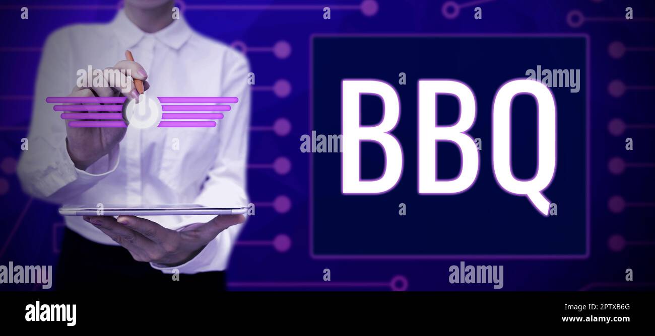 Sign displaying Bbq, Internet Concept usually done outdoors by smoking meat over wood or ...