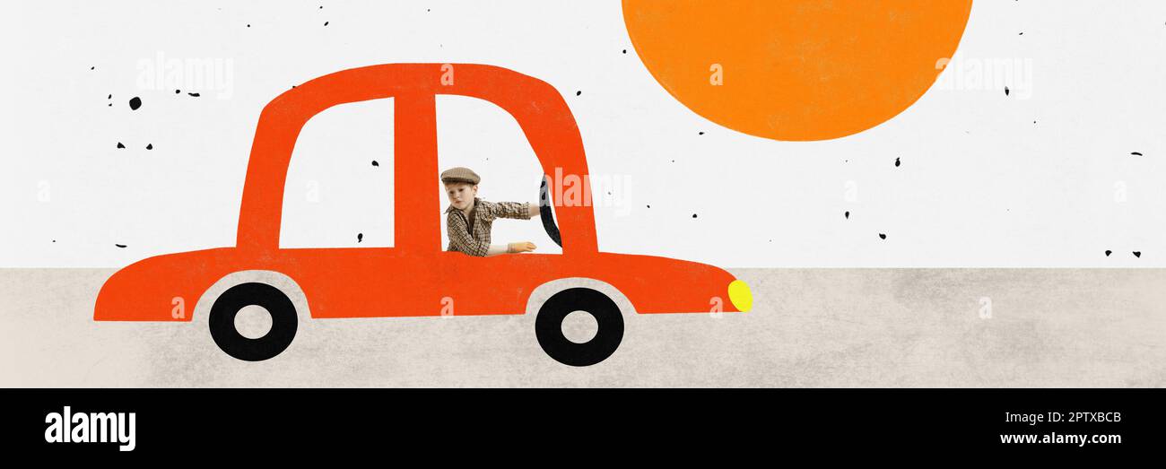 Contemporary art collage with little cute boy sitting in imaginary car ...