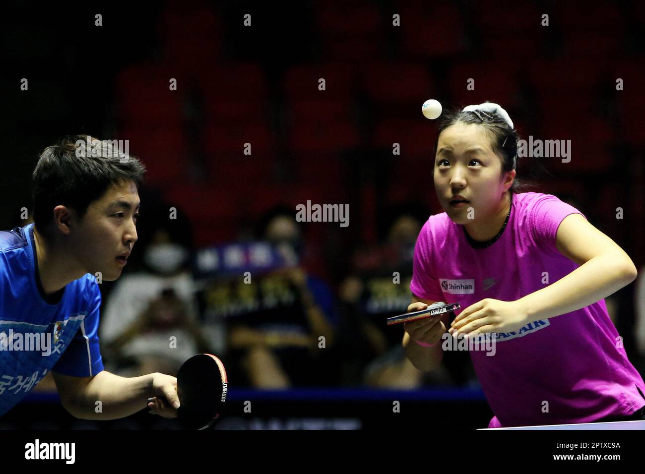 BANGKOK, April 28, 2023 (Xinhua) -- Lim Jonghoon(L)/Shin Yubin compete ...